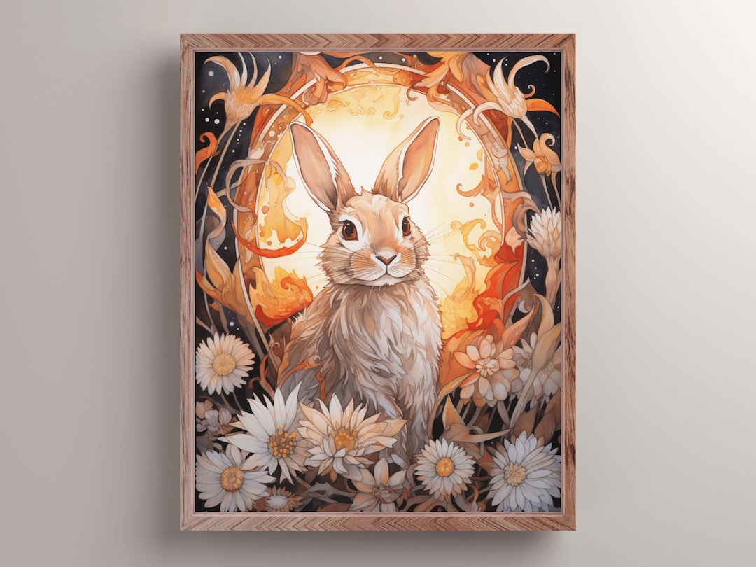 Whimsical Rabbit in Flower Meadow Art Print, Whimsy Cottagecore Rabbit ...