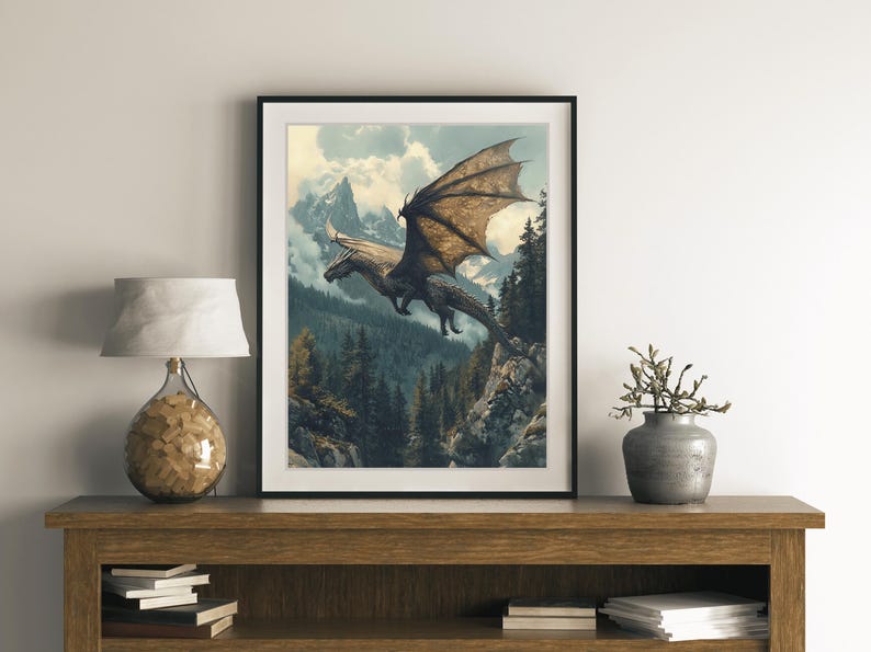 Mythical Dragon Taking Flight Art Print, Dark Academia Wall Decor ...