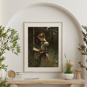 Lady Knight Reading in the Forest Art Print, Dark Academia Wall Decor ...