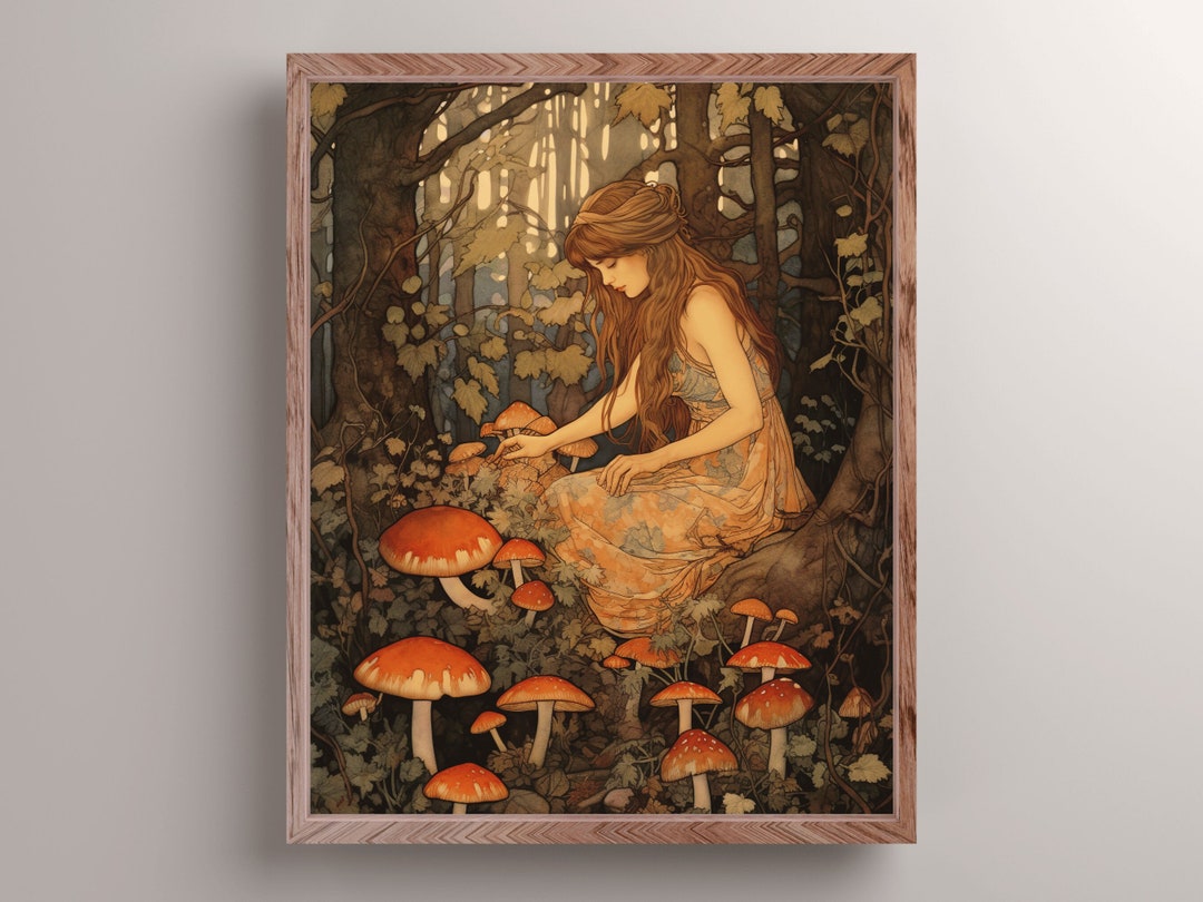 Bohemian Woman in Mushroom Forest Art Print, Dark Cottagecore Mushrooms ...