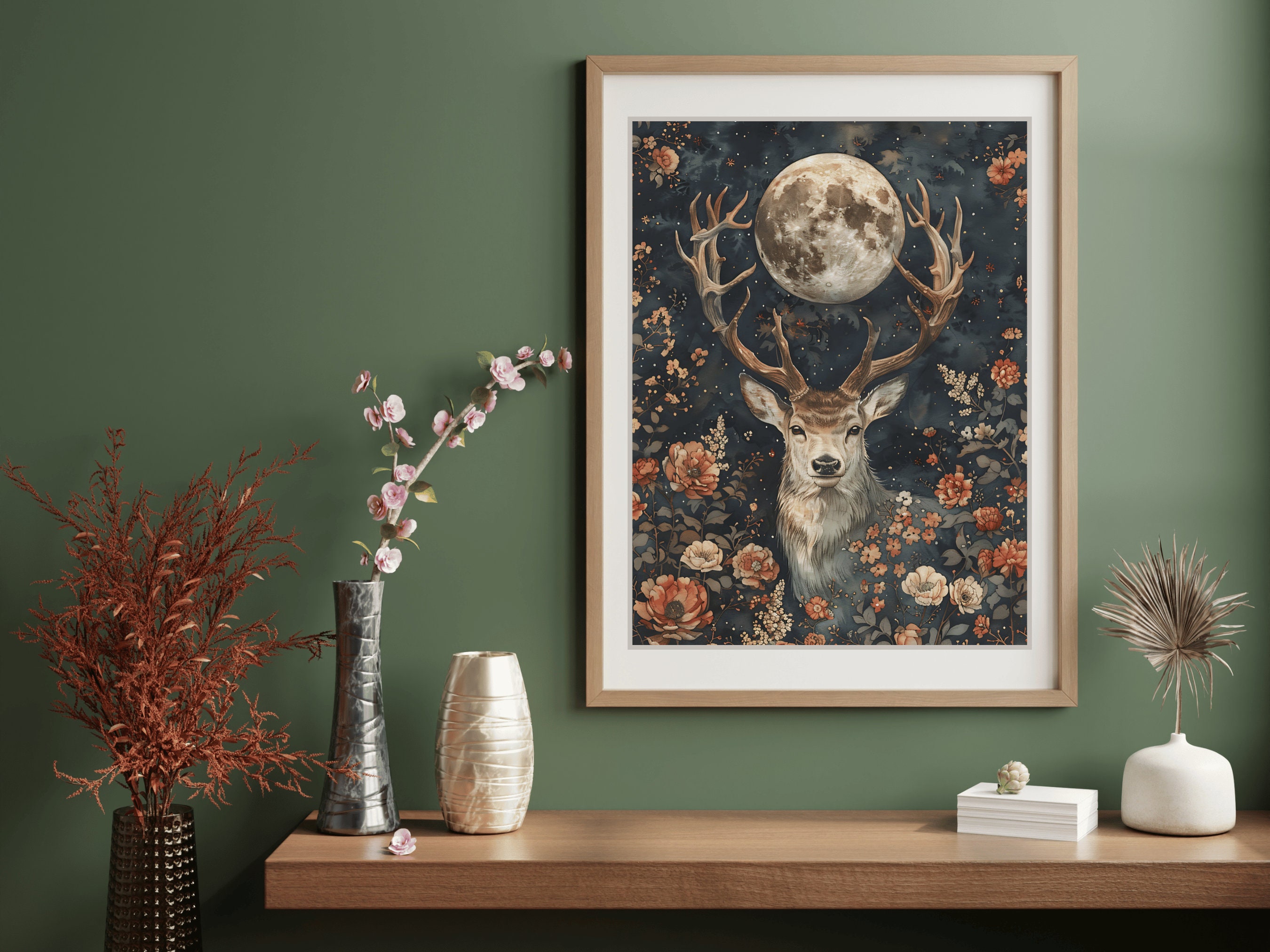 Stag Under the Full Moon Art Print, Forestcore Wall Art, Dark ...