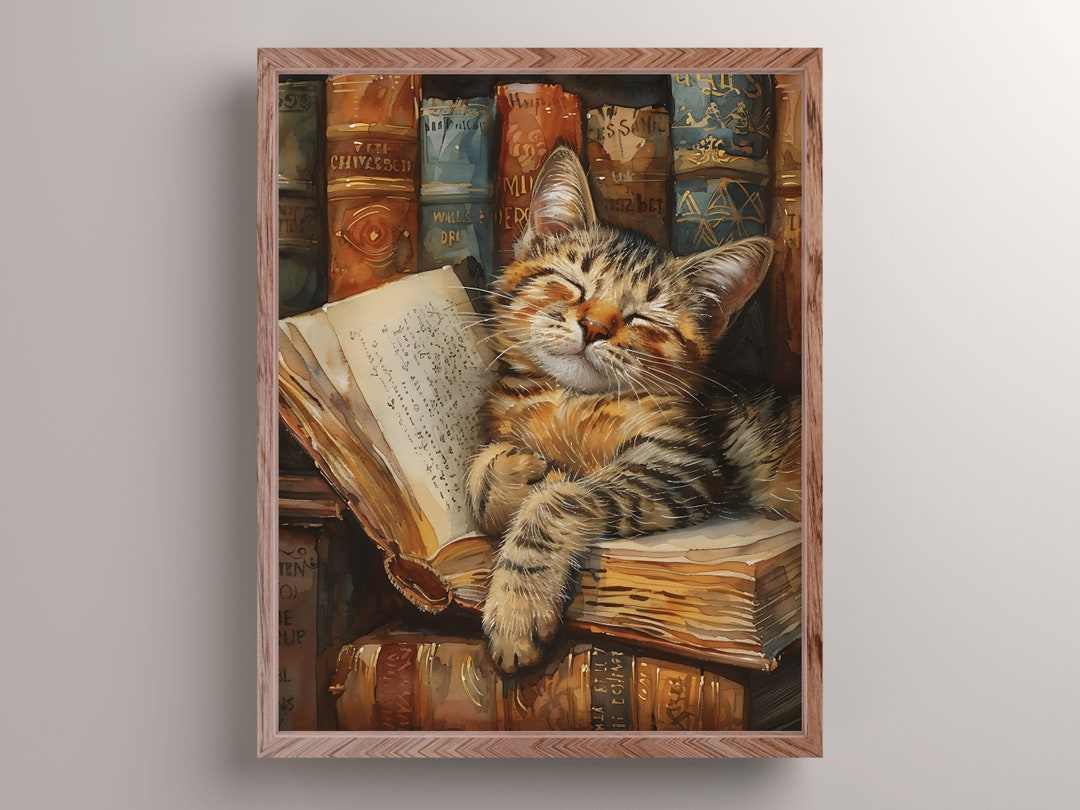 Sleepy Library Cat Art Print, Academia Cat Wall Decor, Bookish Cat ...