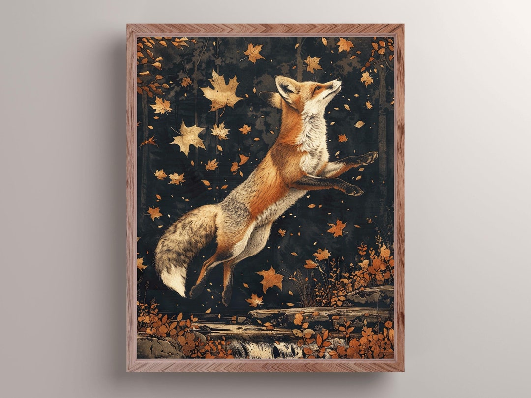 Night Fox Leaping Through Leaves Art Print, Dark Cottagecore Fox Wall ...