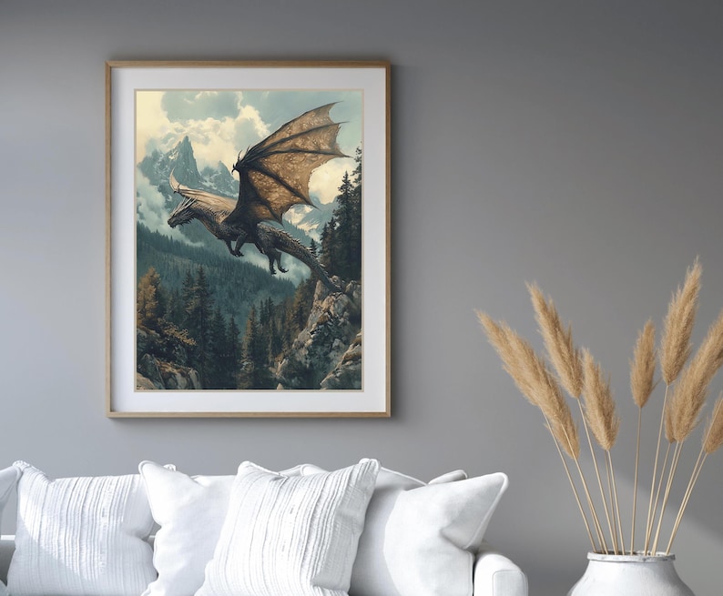Mythical Dragon Taking Flight Art Print, Dark Academia Wall Decor ...