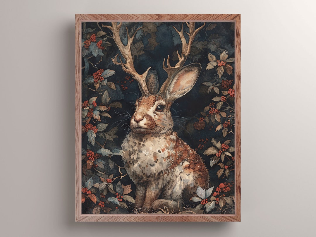 Mythical Jackalope Art Print, Dark Academia Animal Wall Art, Magical Woodland Jackrabbit ...