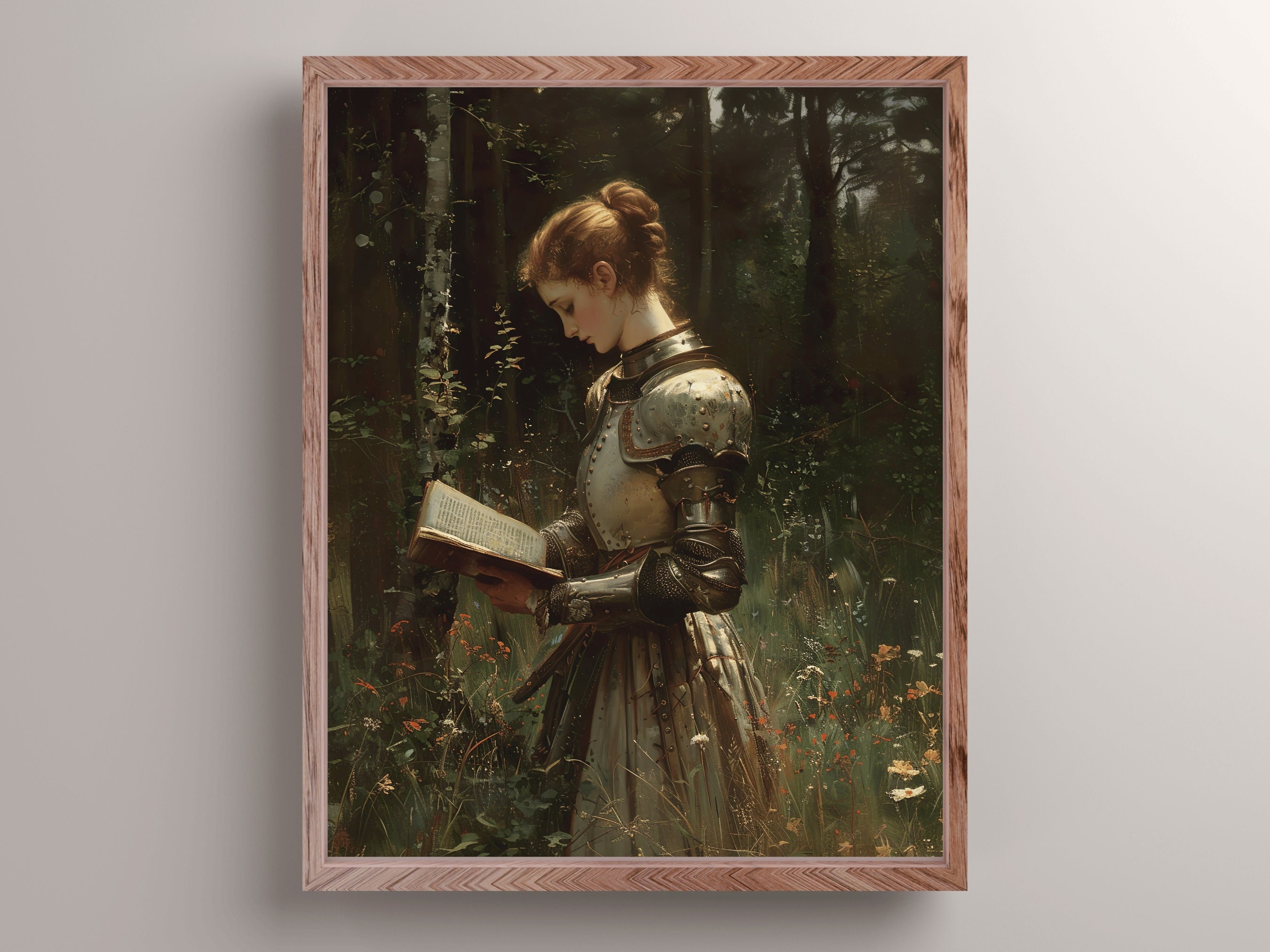 Lady Knight Reading in the Forest Art Print, Dark Academia Wall Decor ...