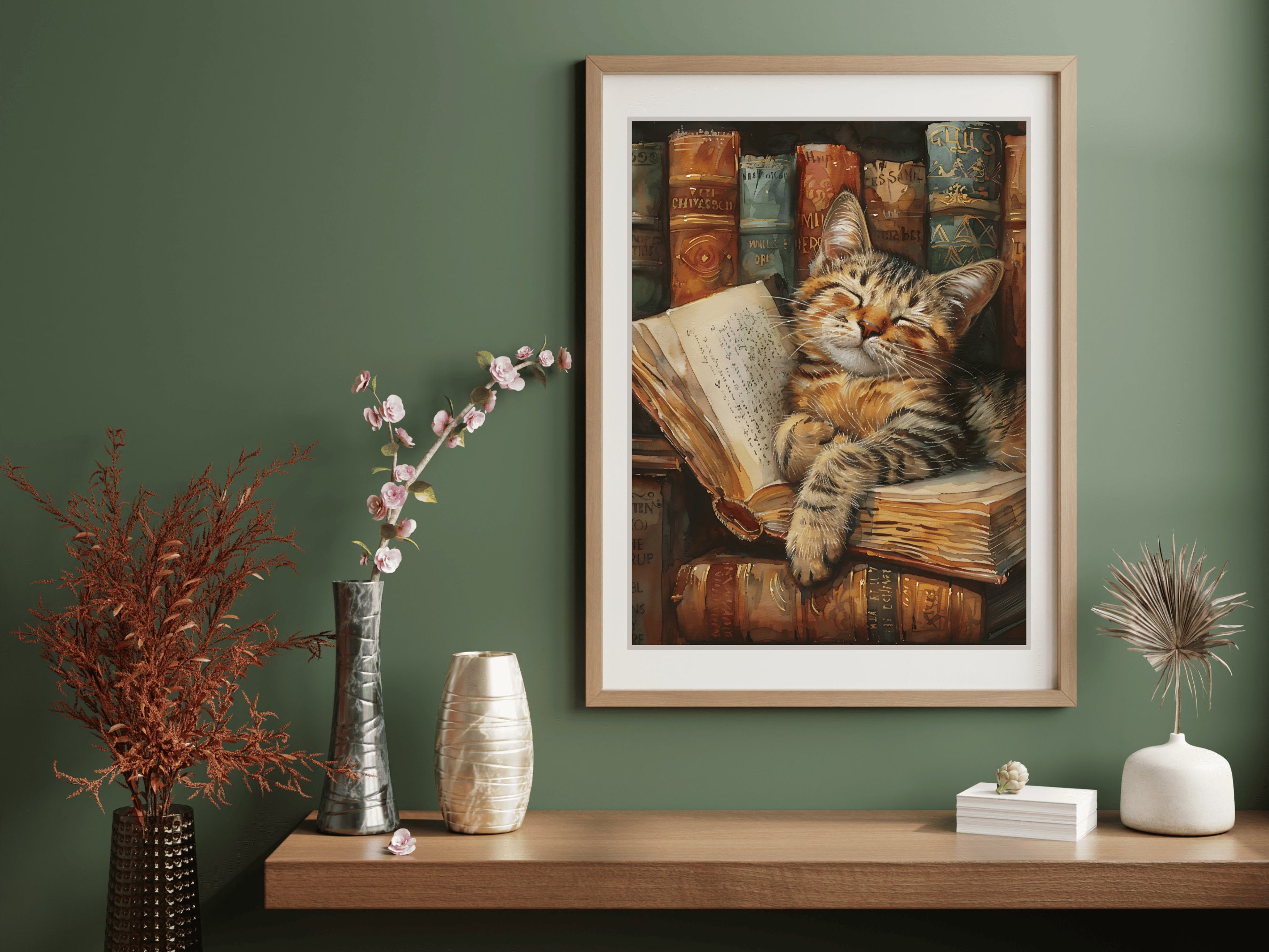 Sleepy Library Cat Art Print, Academia Cat Wall Decor, Bookish Cat ...