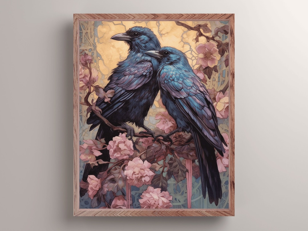 Romantic Raven Couple on a Floral Branch, Dark Cottagecore Ravens Art ...