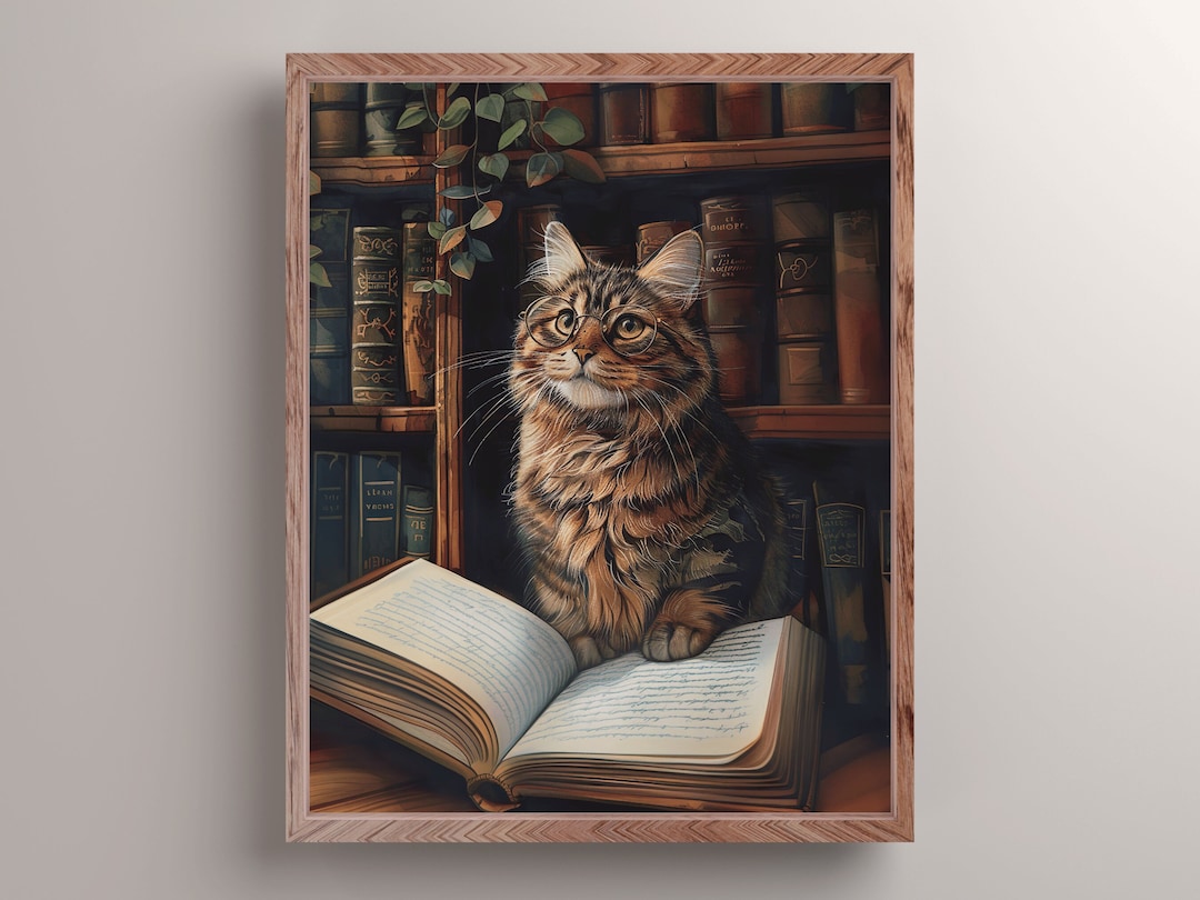 Bookish Cat in the Library Art Print, Dark Academia Cat Painting ...