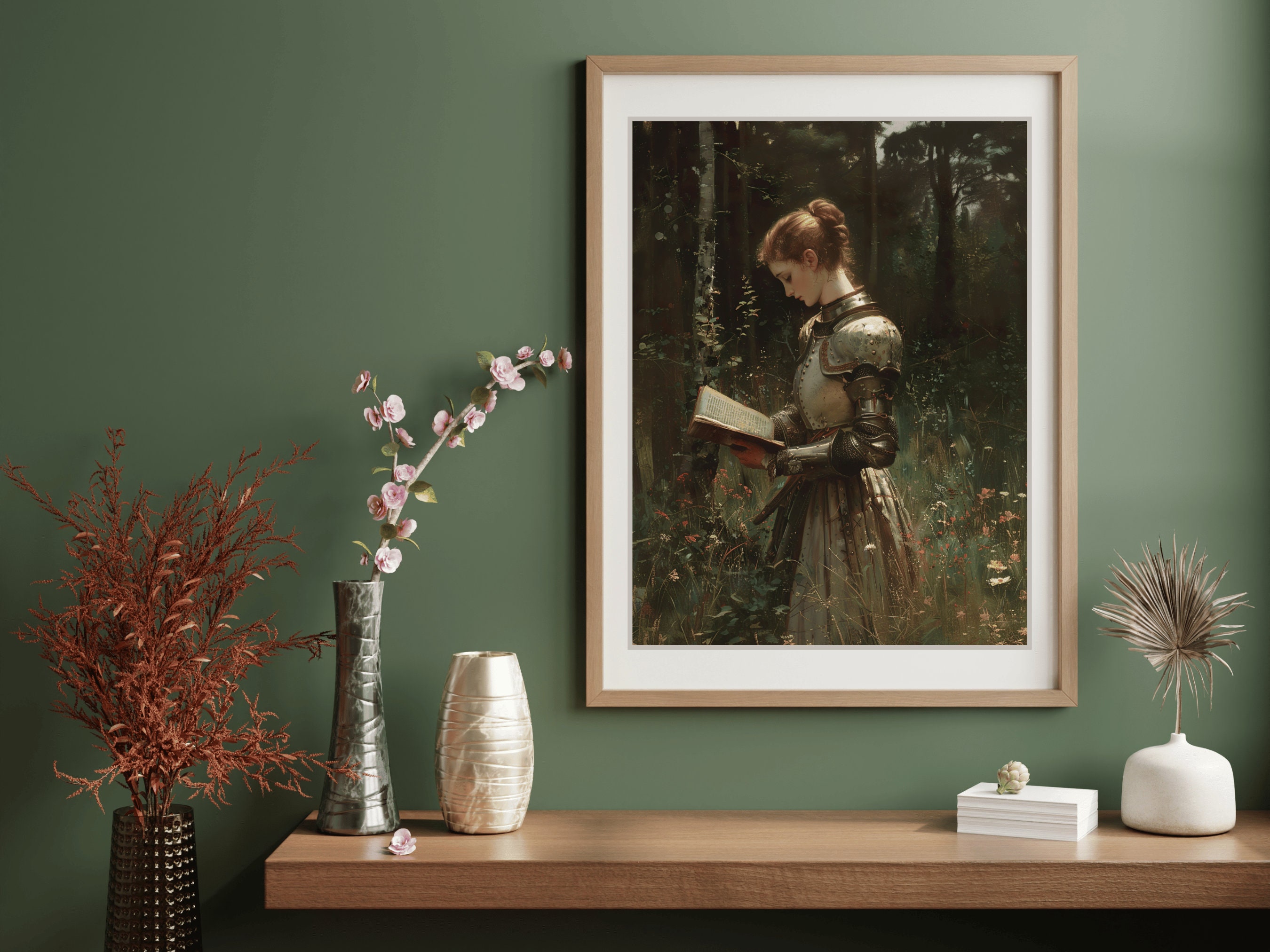 Lady Knight Reading in the Forest Art Print, Dark Academia Wall Decor ...