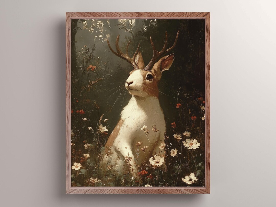 Jackalope in the Enchanted Forest Art Print, Dark Academia Animal Wall Art, Mythical Jackalope ...