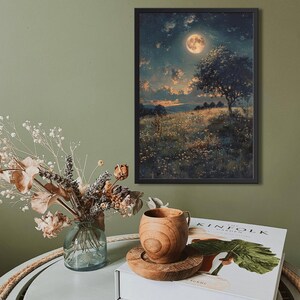 Moonlight Meadow Art Print, Dark Cottagecore Wall Art, Dark Academia Moon Decor, Moody ...
