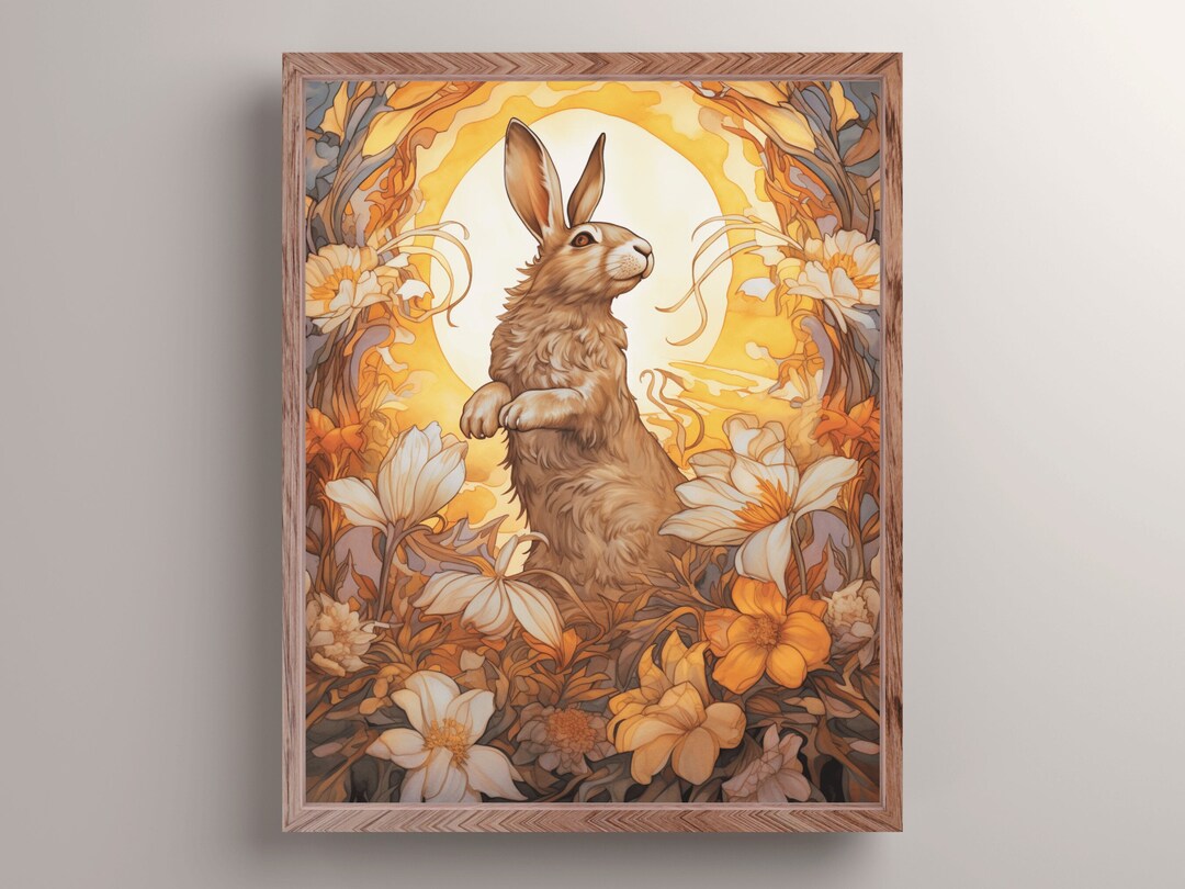 Celestial Rabbit in Flower Meadow at Sunset Art Print, Floral Spring ...