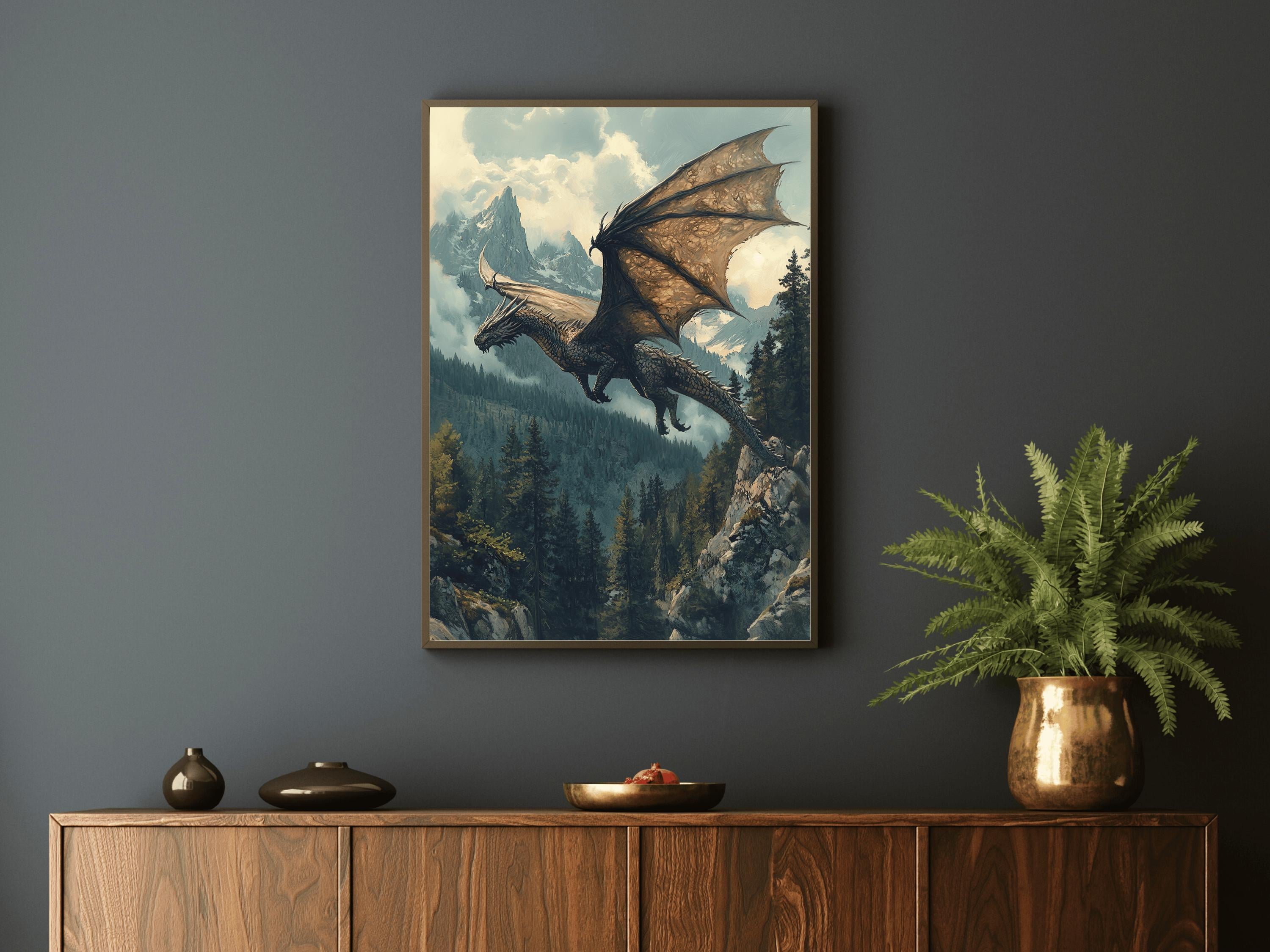 Mythical Dragon Taking Flight Art Print, Dark Academia Wall Decor ...