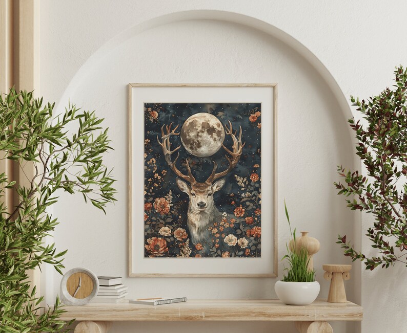 Stag Under the Full Moon Art Print, Forestcore Wall Art, Dark ...