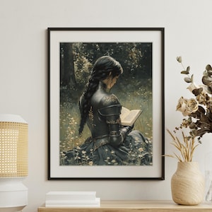 Lady Knight Reading in the Meadow Art Print, Dark Academia Wall Decor ...