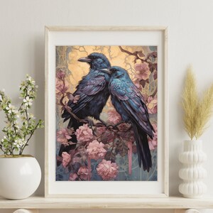 Romantic Raven Couple on a Floral Branch, Dark Cottagecore Ravens Art ...