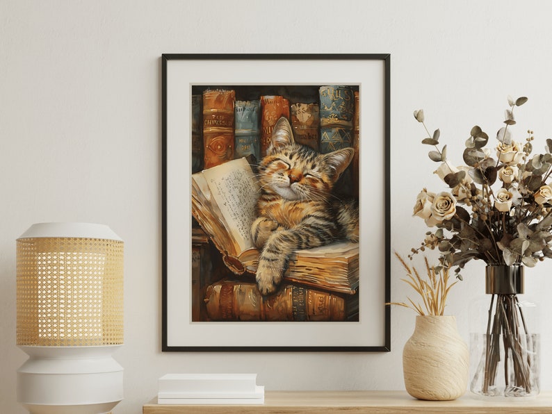 Sleepy Library Cat Art Print, Academia Cat Wall Decor, Bookish Cat ...