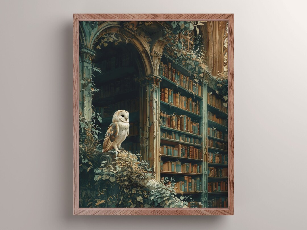 Vintage Library Owl Art Print, Dark Academia Owl Wall Decor, Bookish ...