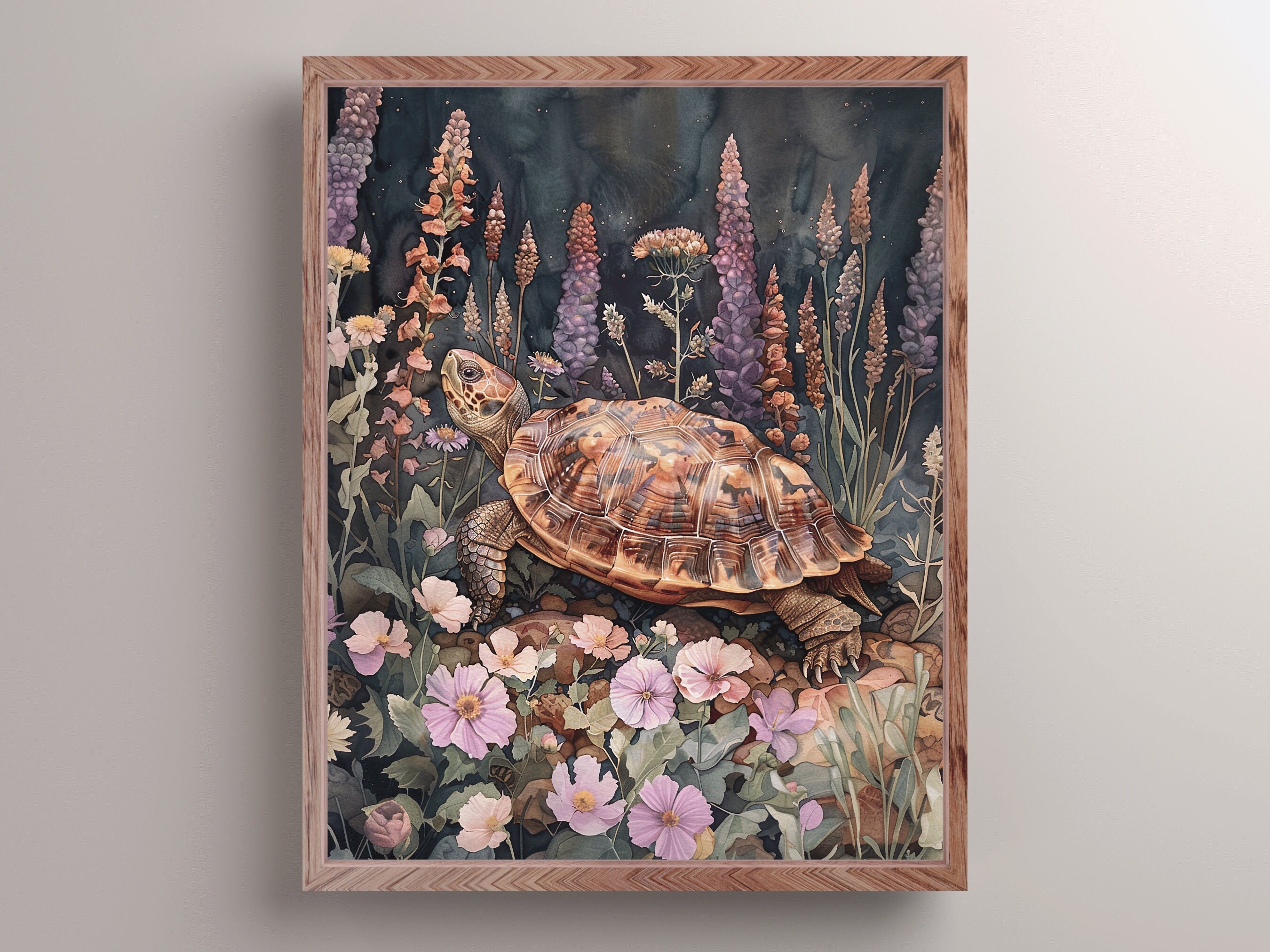 Turtle in Flower Meadow Art Print, Botanical Tortoise Wall Decor ...