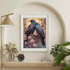 Romantic Raven Couple on a Floral Branch, Dark Cottagecore Ravens Art ...