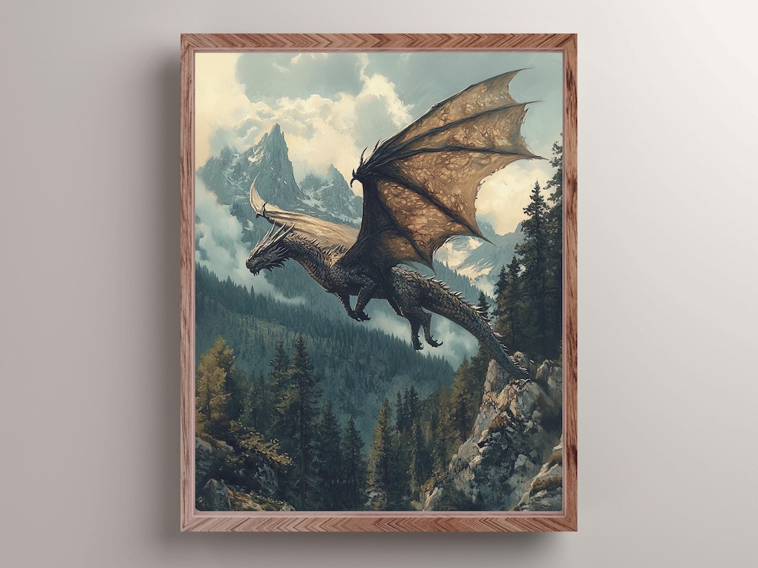 Mythical Dragon Taking Flight Art Print, Dark Academia Wall Decor ...