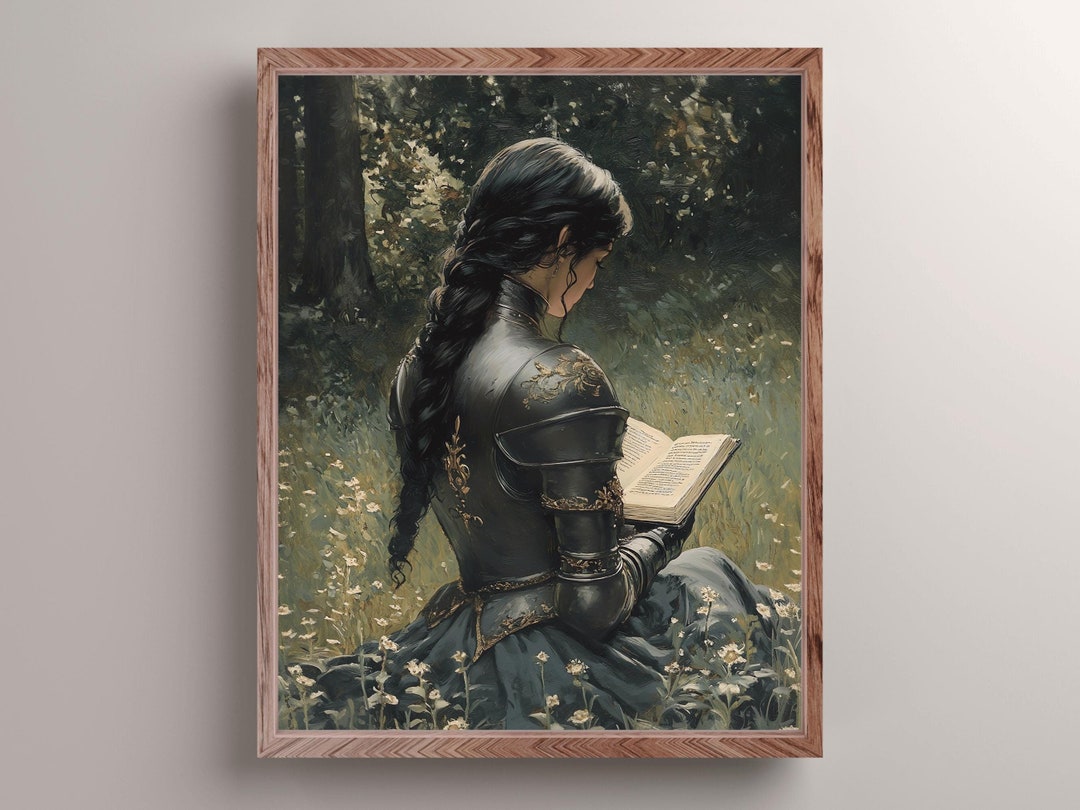 Lady Knight Reading in the Meadow Art Print, Dark Academia Wall Decor ...