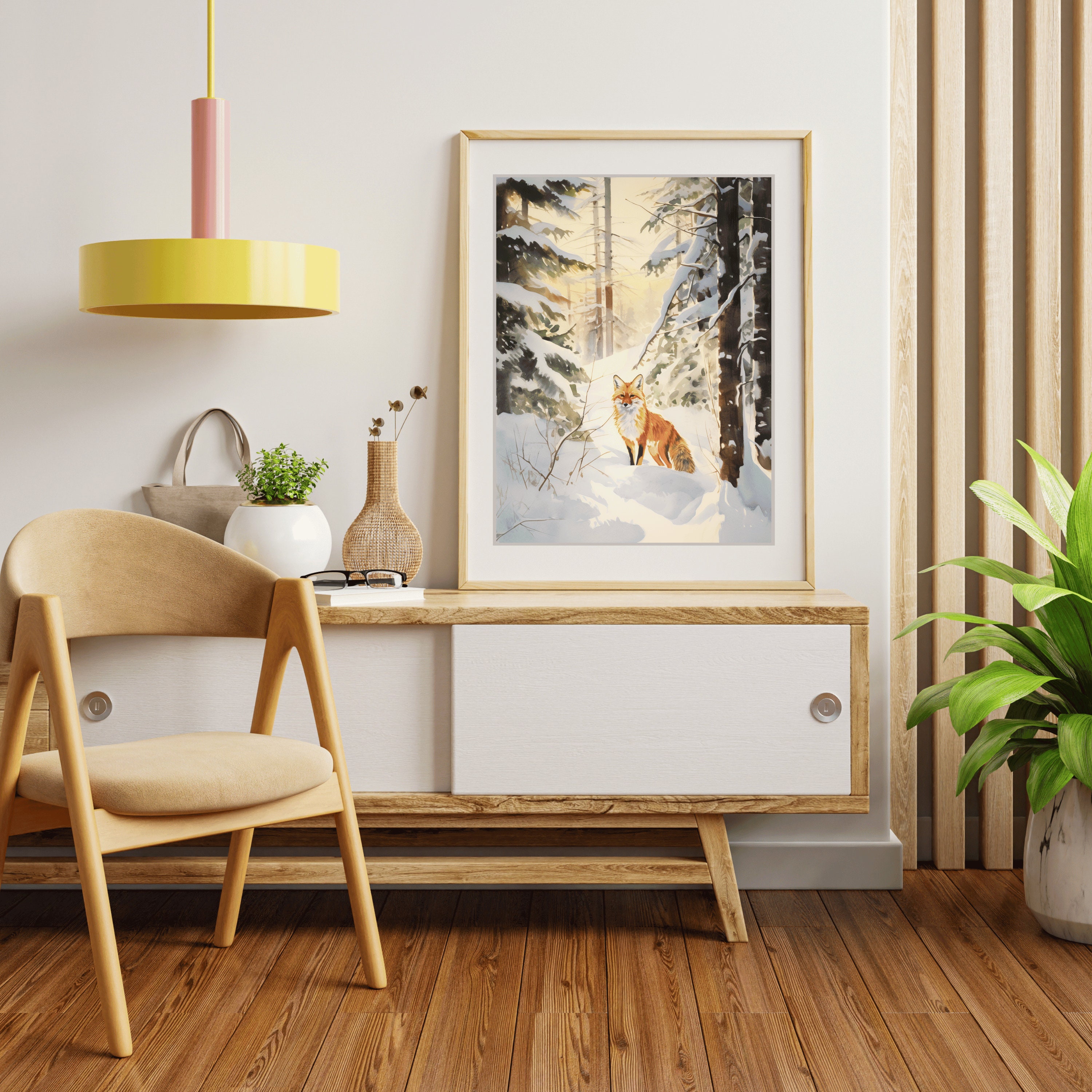 Red Fox in a Snowy Forest Art Print, Winter Woodland Fox Art Poster ...