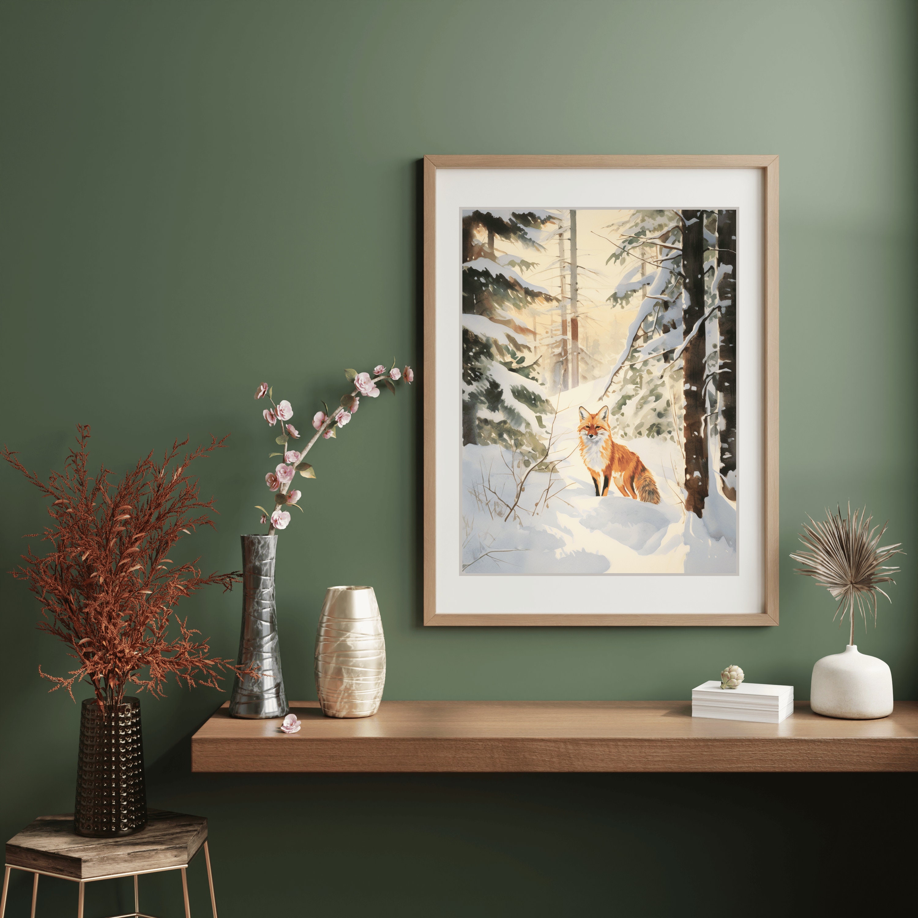 Red Fox in a Snowy Forest Art Print, Winter Woodland Fox Art Poster ...