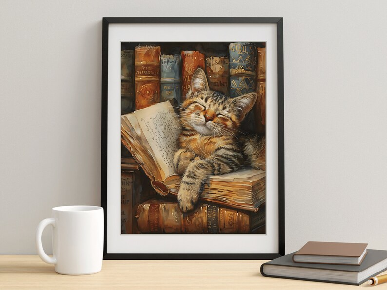 Sleepy Library Cat Art Print, Academia Cat Wall Decor, Bookish Cat ...