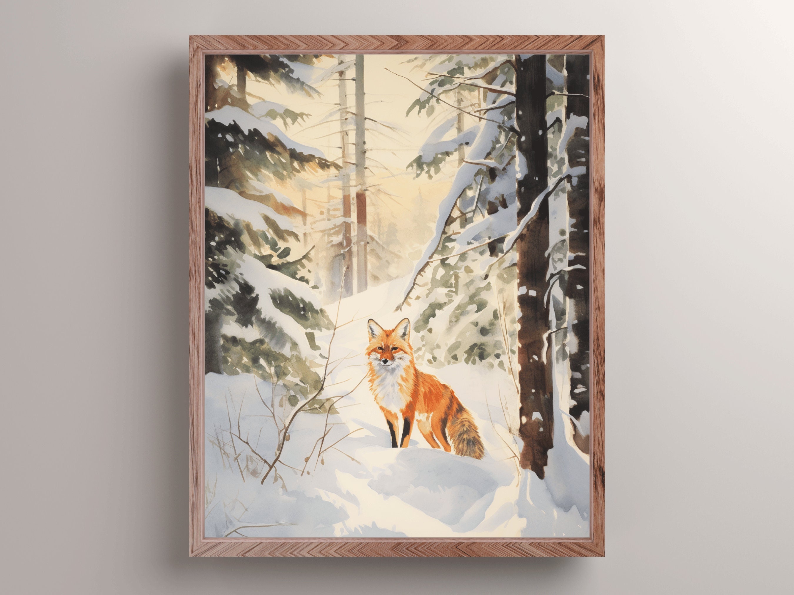Red Fox in a Snowy Forest Art Print, Winter Woodland Fox Art Poster ...