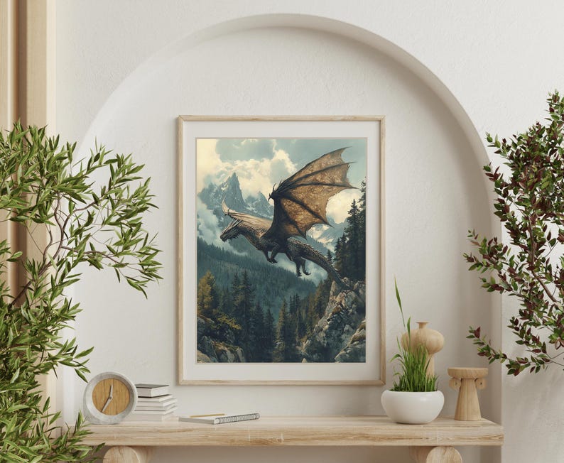 Mythical Dragon Taking Flight Art Print, Dark Academia Wall Decor ...