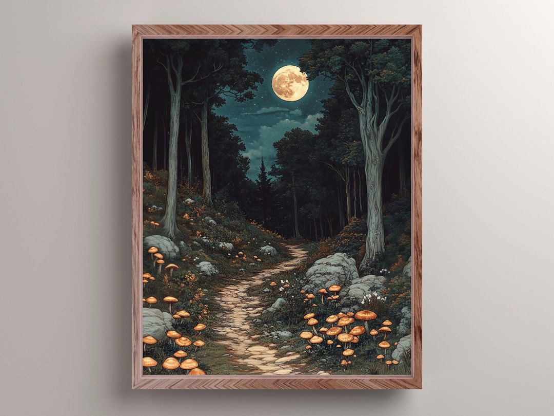 Mushroom Forest Path Art Print, Forestcore Wall Decor, Mystical Moon ...
