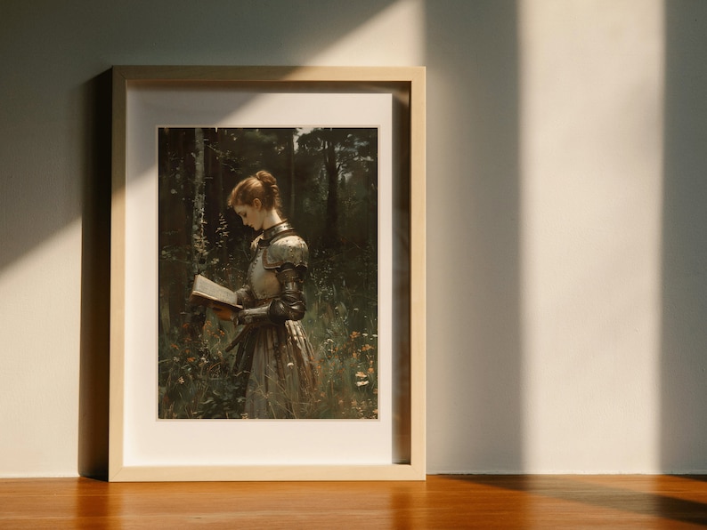 Lady Knight Reading in the Forest Art Print, Dark Academia Wall Decor ...