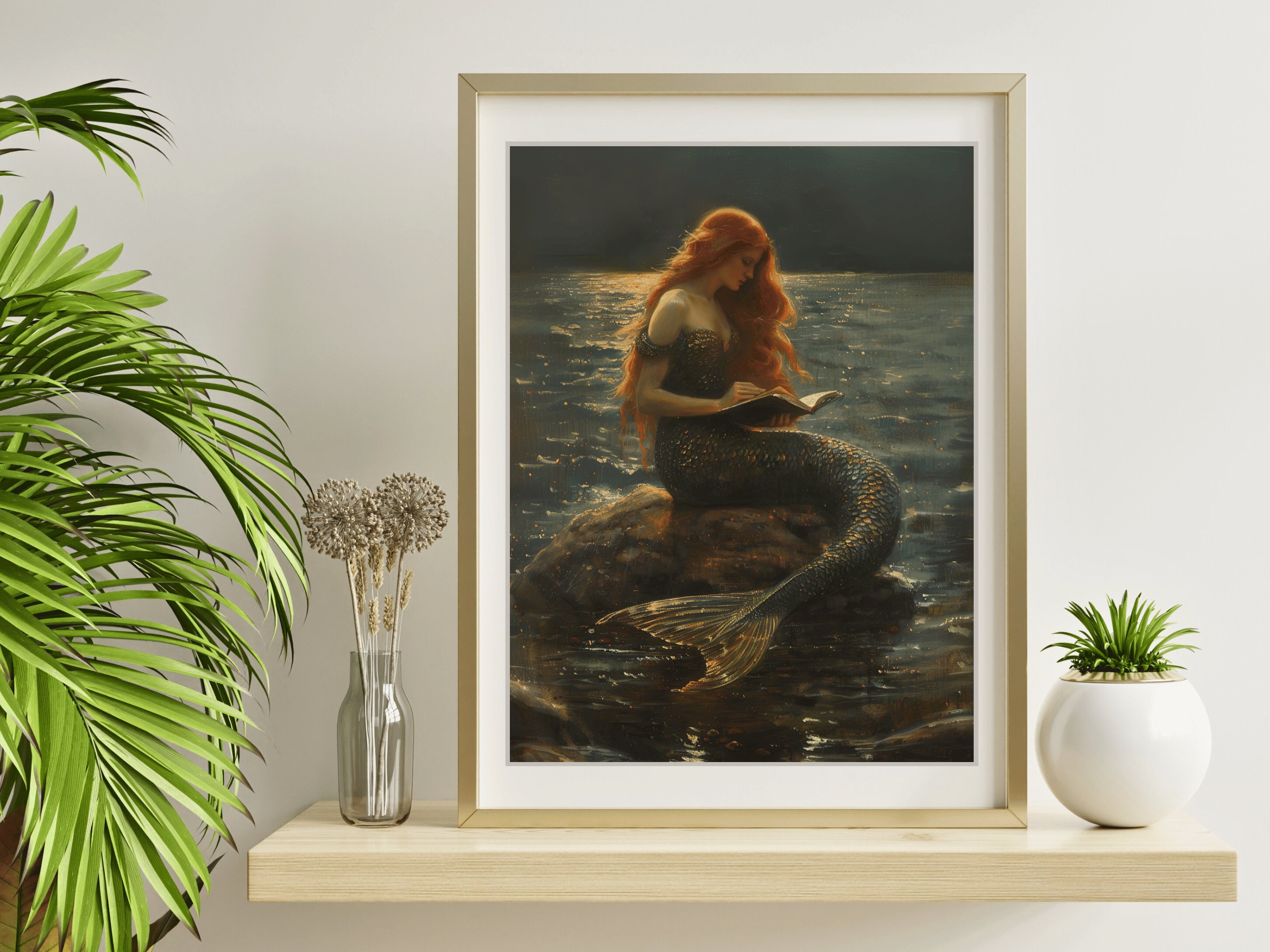 Romantic Mermaid Art Print, Dark Academia Fantasy Wall Art, Nautical ...