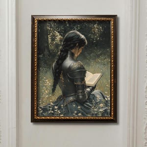 Lady Knight Reading in the Meadow Art Print, Dark Academia Wall Decor ...