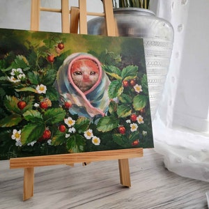 Original Sad Kitty Cat Lost in Strawberries Meme / Acrylic, Golden ...