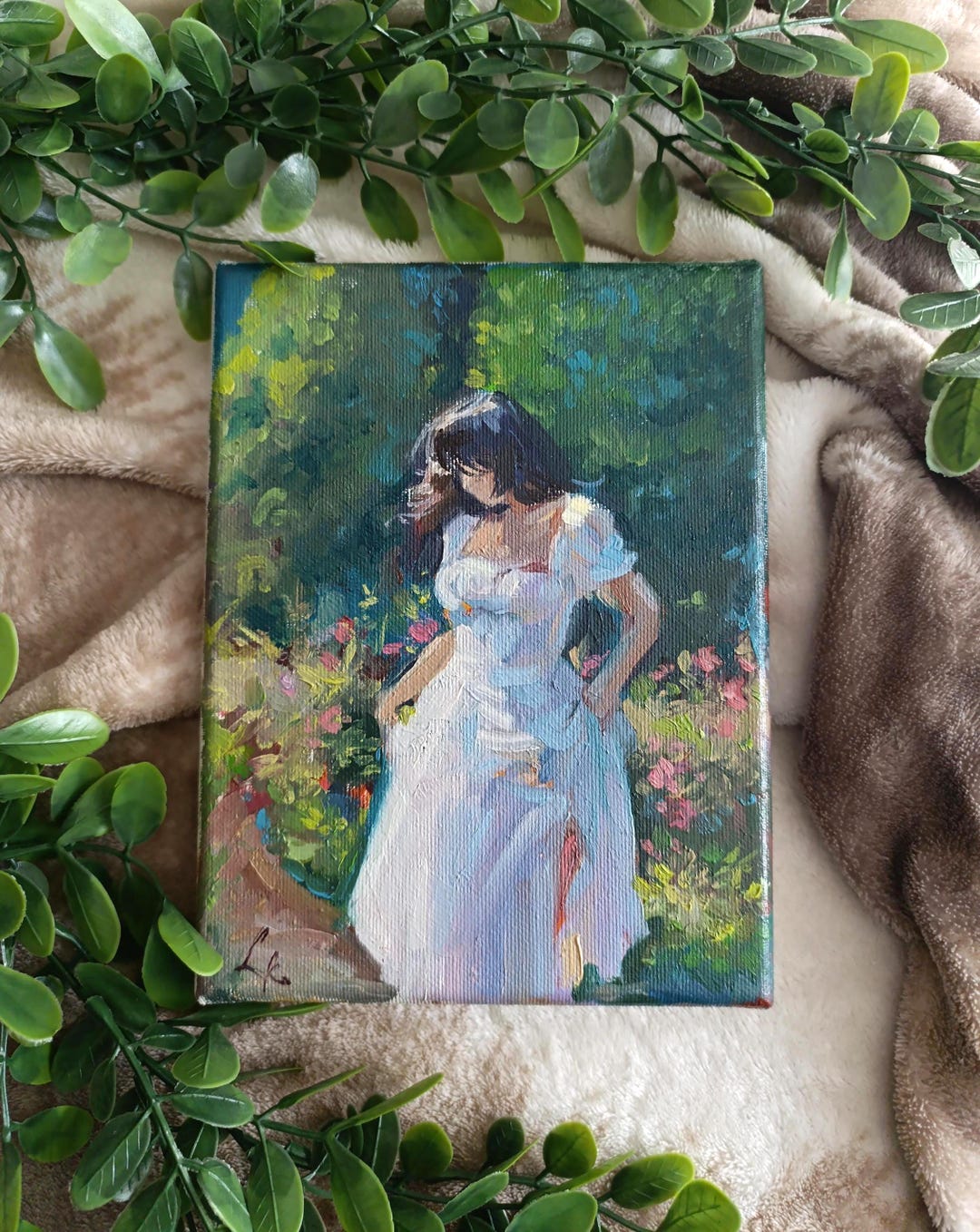 Original Oil Painting - Woman in White Dress on Canvas - 15x20cm (5 ...
