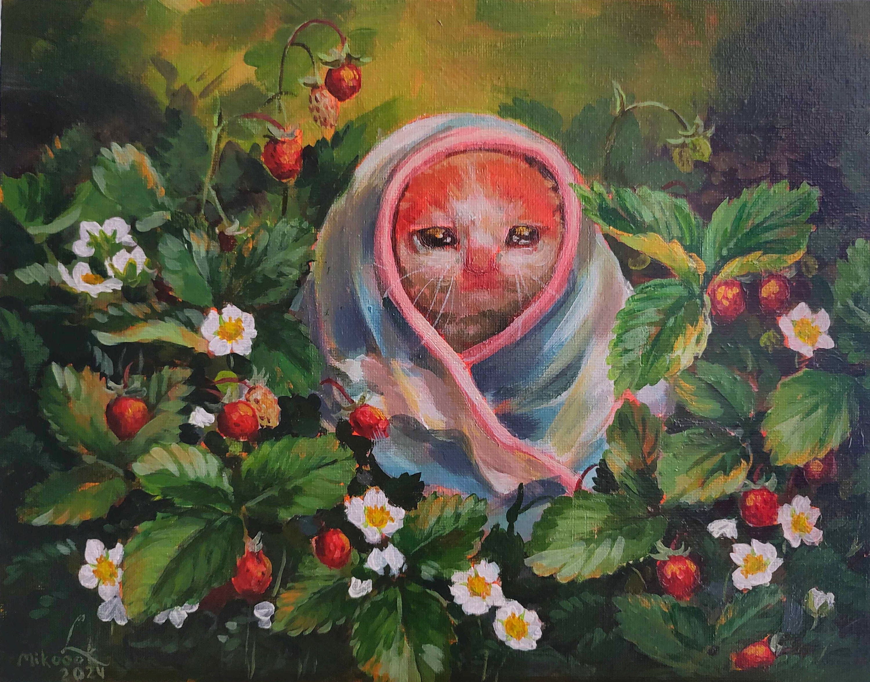 Original Sad Kitty Cat Lost in Strawberries Meme / Acrylic, Golden ...