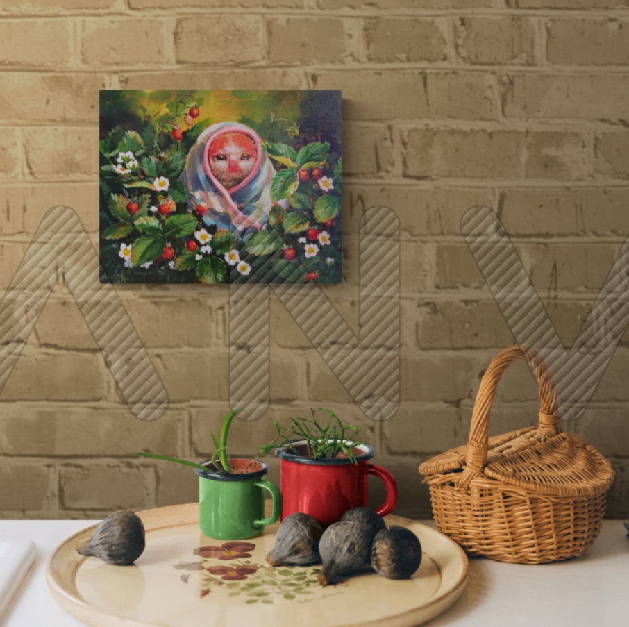 Original Sad Kitty Cat Lost in Strawberries Meme / Acrylic, Golden ...