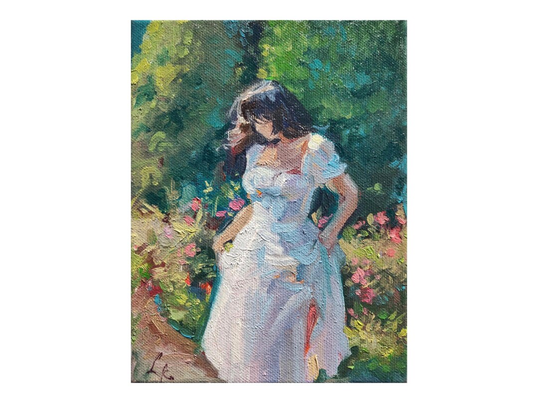 Original Oil Painting - Woman in White Dress on Canvas - 15x20cm (5 ...
