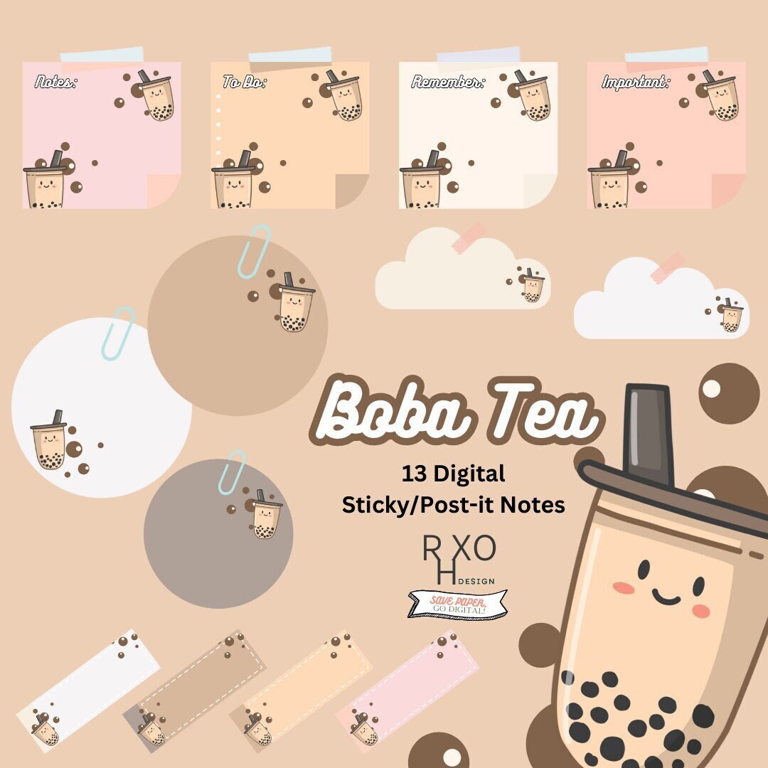 Boba Tea 13x Digital Sticky Notes Post-it Notes Memo Stickers Cute ...