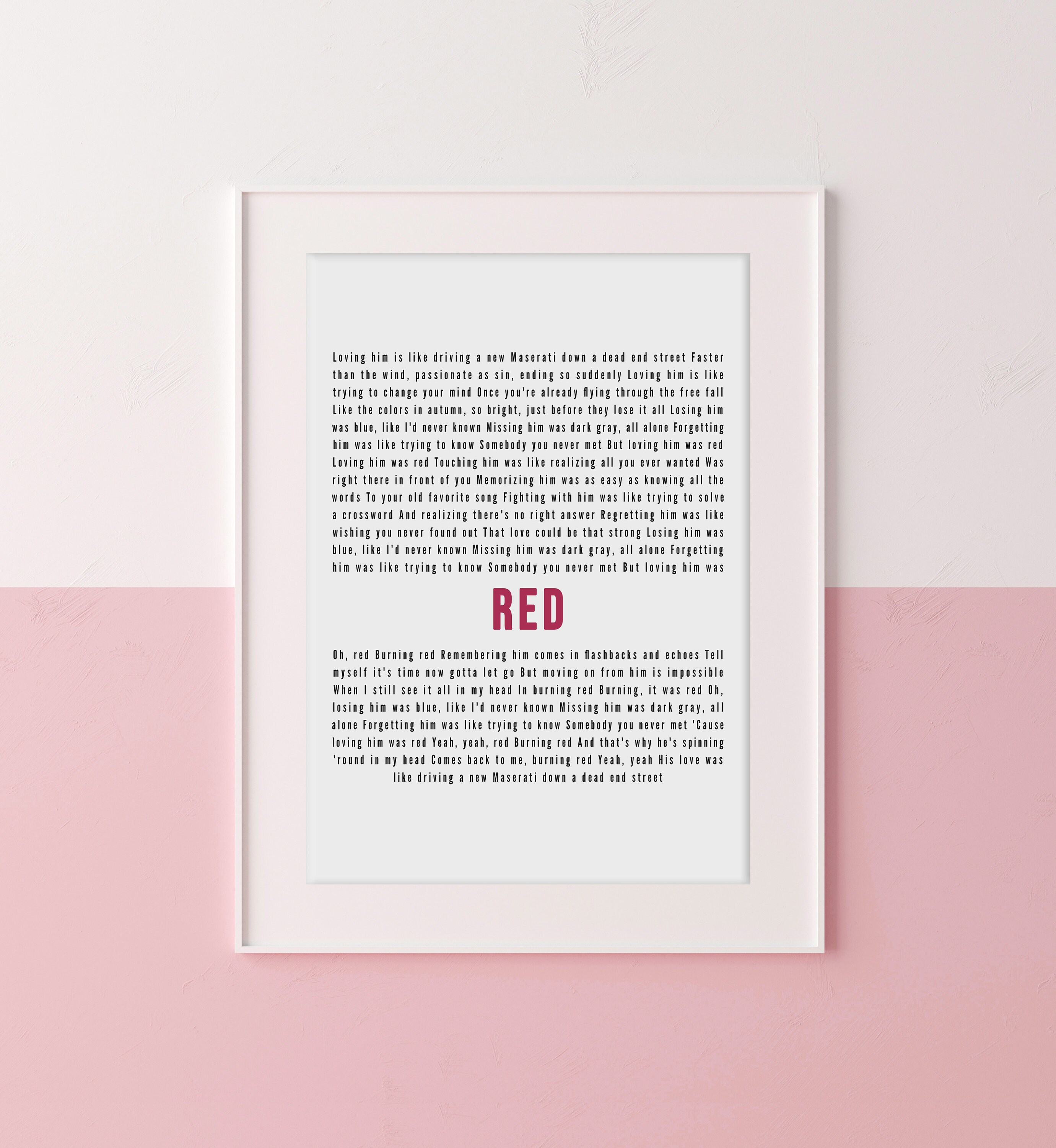 Red Taylor Swift Lyrics Red Album Physical Print, Wall Art, Song Lyric ...