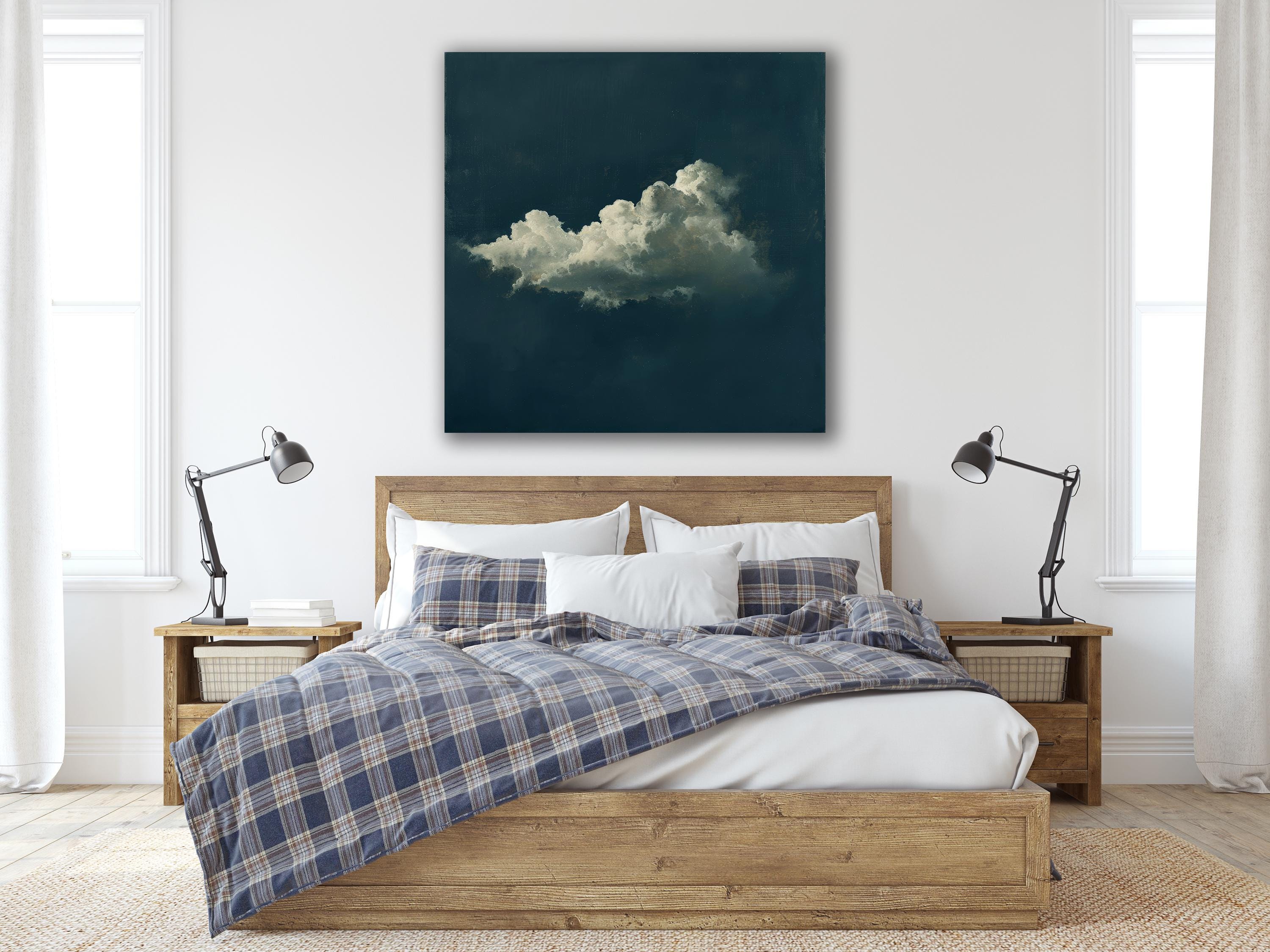 Dark Blue Cloud Wall Art, Cloudy Sky Painting, Vintage Cloud Wall Art ...