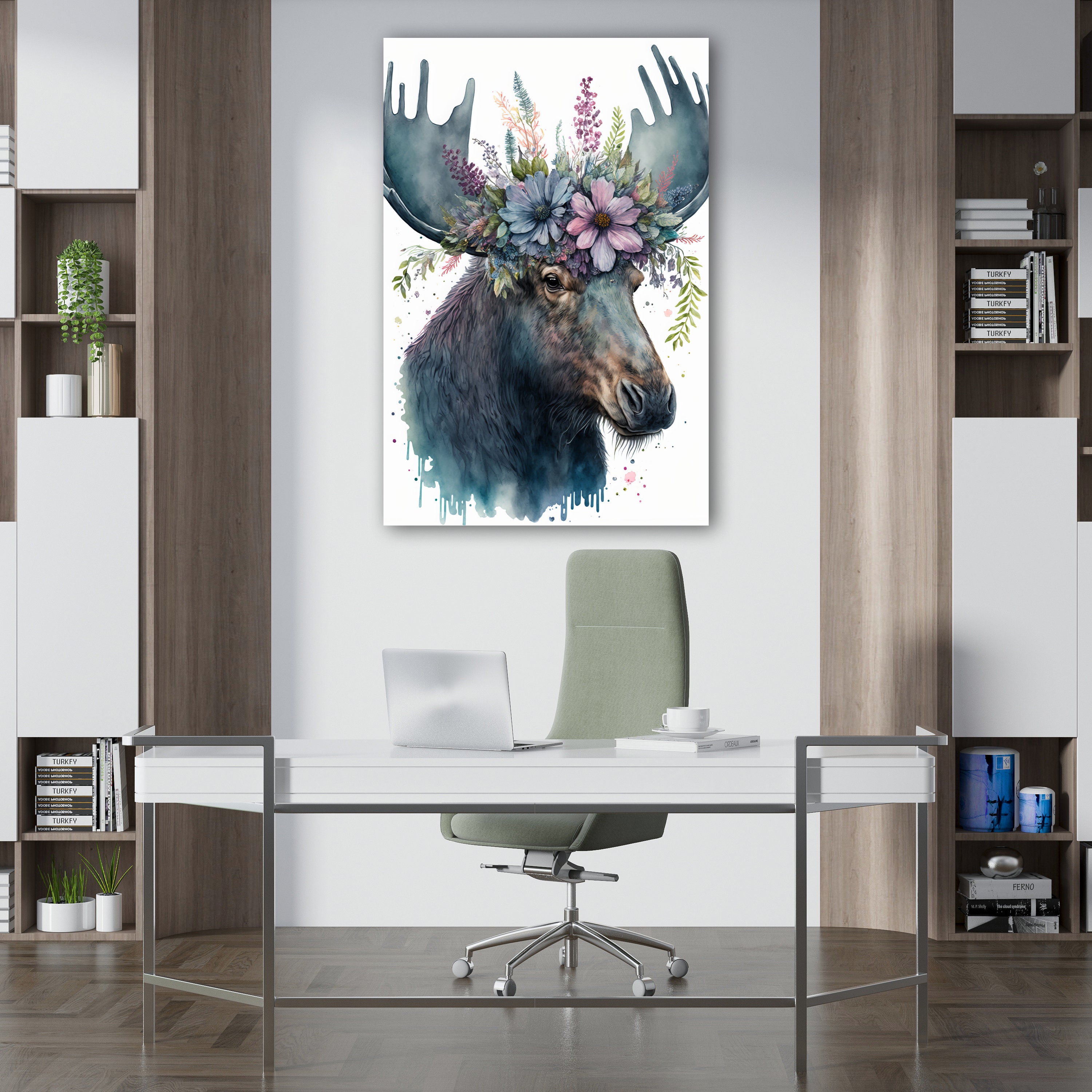 Floral Moose Artwork, Moose Wall Decor, Moose Canvas Print , Moose ...