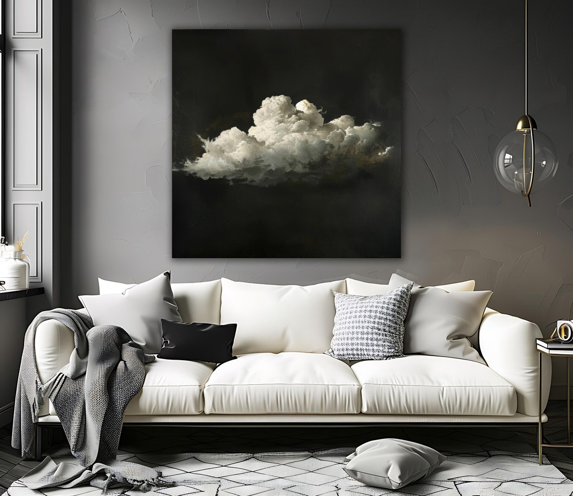 White Cloud Wall Art, Large Cloudy Sky Painting, Vintage Cloud Oil ...