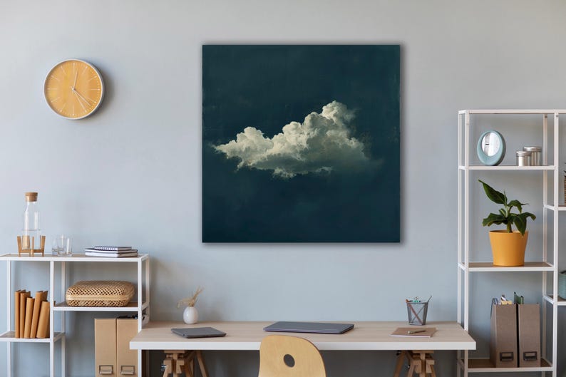 Dark Blue Cloud Wall Art, Cloudy Sky Painting, Vintage Cloud Wall Art ...