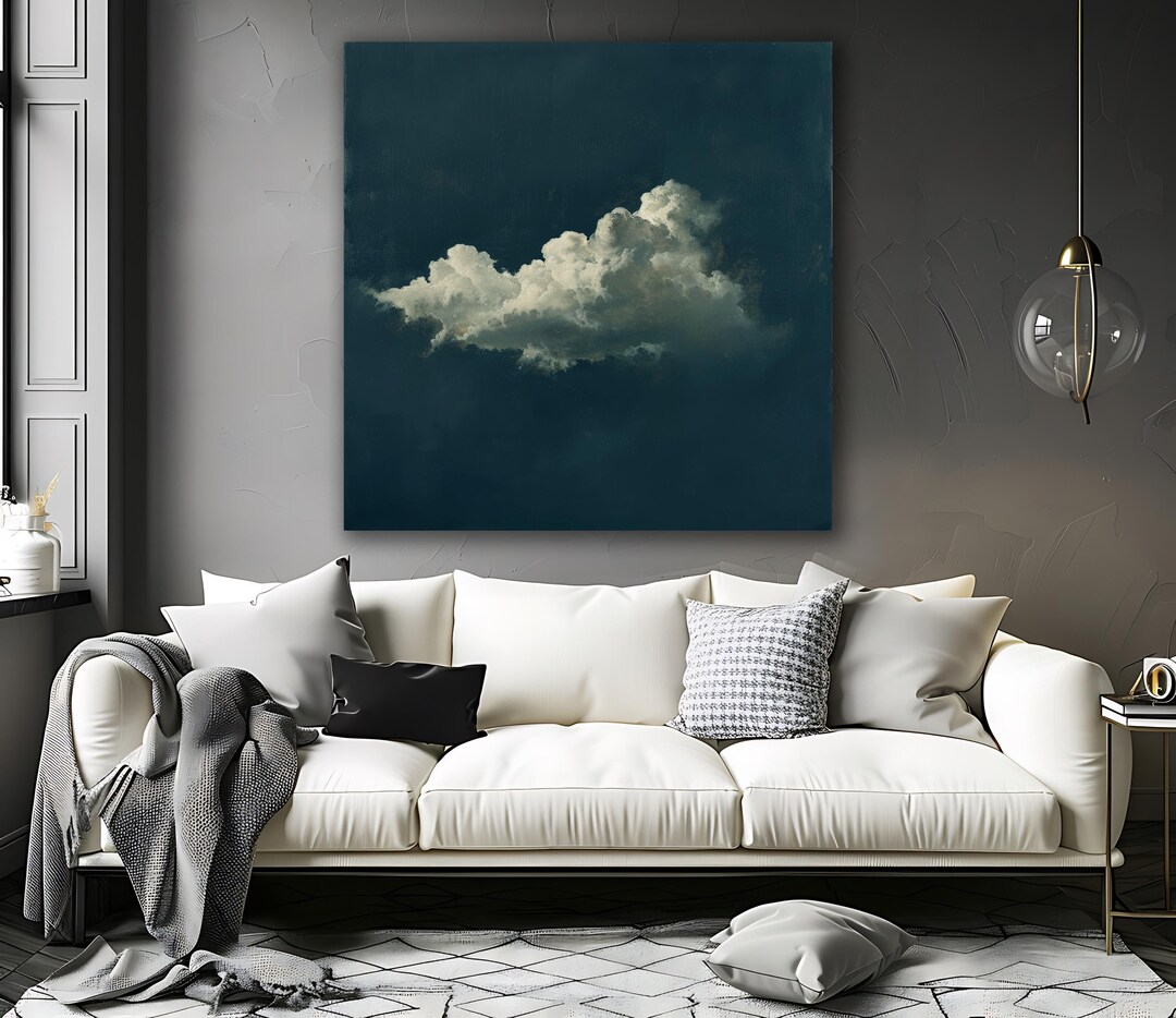 Dark Blue Cloud Wall Art, Cloudy Sky Painting, Vintage Cloud Wall Art ...