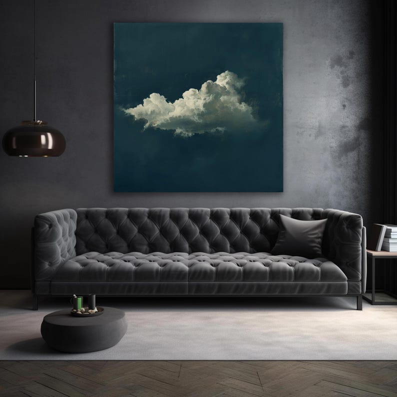 Dark Blue Cloud Wall Art, Cloudy Sky Painting, Vintage Cloud Wall Art ...