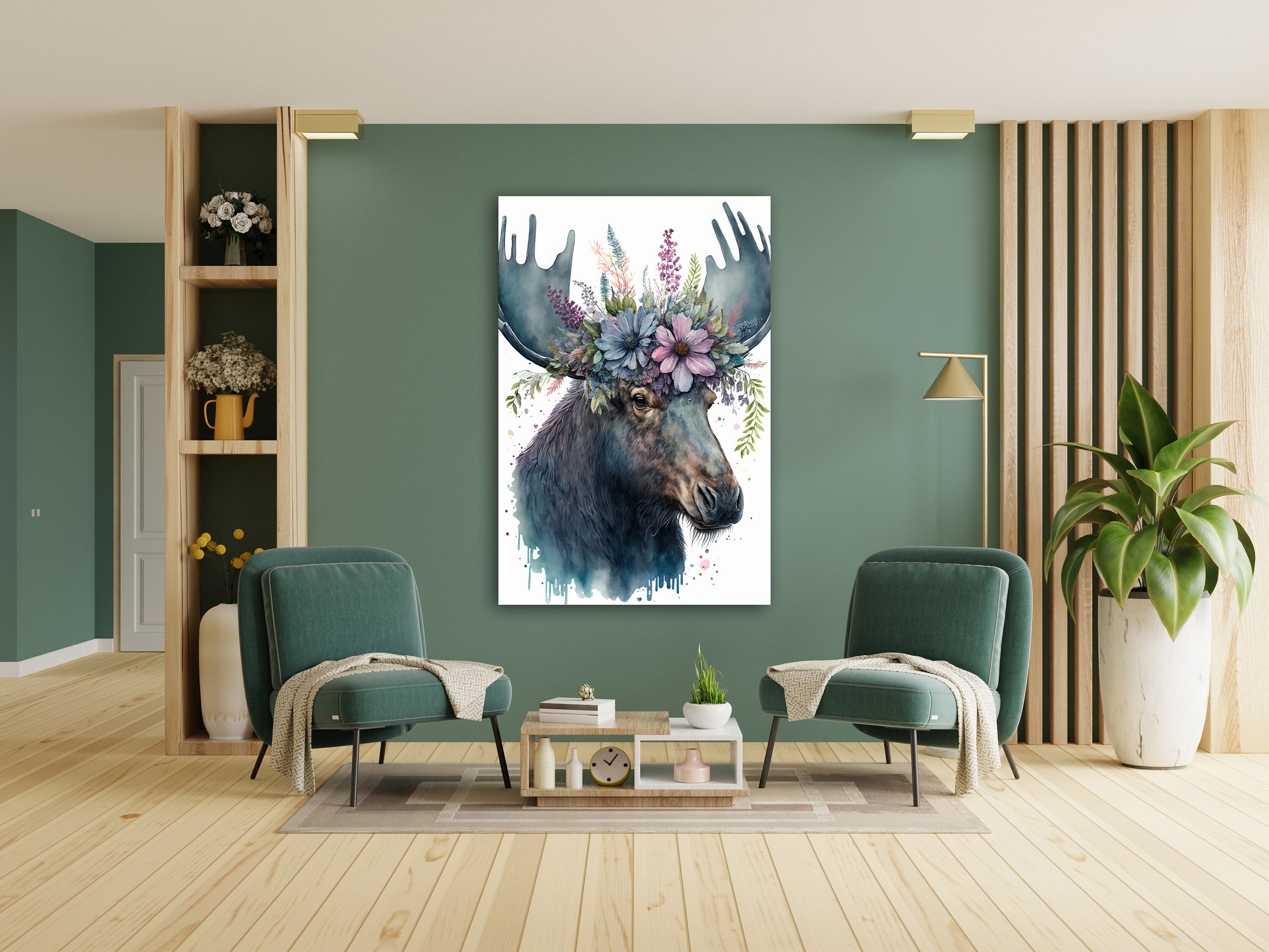 Floral Moose Artwork, Moose Wall Decor, Moose Canvas Print , Moose ...